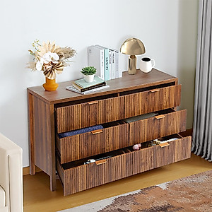 affeivul Mid Century Modern Dresser TV Stand, 6 Drawer Dresser for Bedroom Wood, Farmhouse Boho Storage Cabinet Side Table with Solid Natural Wood Legs, Long Wooden Dresser for Closet (Walnut)