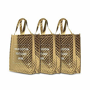 DISCOUNT PROMOS Custom Luxurious Laminated Tote Bags Set of 50, Personalized Bulk Pack - Reusable, Great for Shopping, Beach, Wedding Favors - Gold