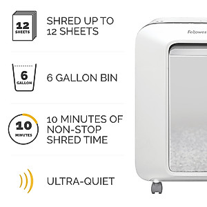 Fellowes LX200 P-4 Micro-Cut Paper Shredder, Jam-Proof Heavy-Duty Paper Shredder for Office, Shreds 12 Sheets Per Pass, White