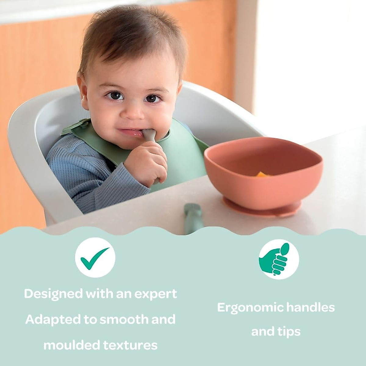BEABA Set of 2 Silicone Pre-Spoons, For Babies 4-8 Months, Ultra-Soft Silicone Spoons to Help with Self Feeding, Designed with Specialist, Baby Utensils, Sage/Grey
