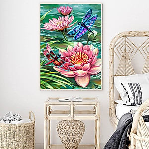 DAICHEL Lotus Diamond Art Painting Kits for Adults - Full Drill Diamond Dots Paintings for Beginners, Dragonfly Round 5D Paint with Diamonds Pictures Gem Art Painting Kits DIY Adult Crafts 12x16inch