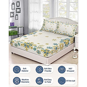 Twin Size Fitted Sheet Bed Set Christmas Abstract Snowflake Texture Deep Pocket Soft Bottom Sheets&Pillowcases for Bedroom Decor Gold Blue Snow Flower on Flax,Fits Mattress Up to 16" Deep