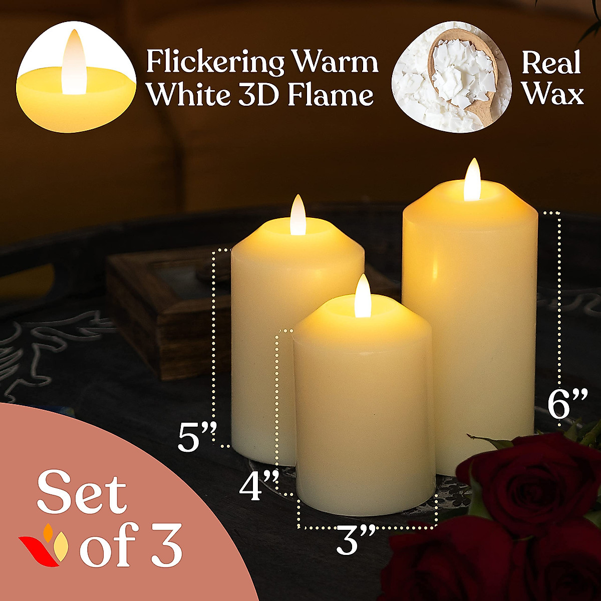 Battery Operated Night Light Candles with Light Sensor. Set of 3 Flameless White Wax Flickering Electric Candles. Dusk to Dawn Night Light. Great for Bathroom, Kids Bedroom or Living Room