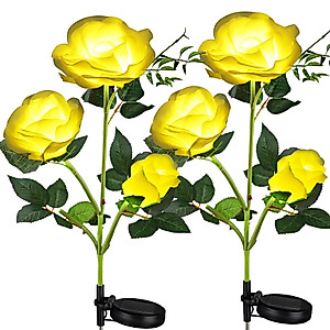 JJGoo 2 Pack Solar Garden Lights, Waterproof Rose Flowers Stake for Outdoor Patio Decorative - Yellow