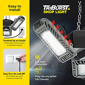 Triburst LED Shop Lights for Workshop, 4000 Lumens Super Bright Garage Lighting, LED Garage Lights, LED Shop Light, Ceiling Light with 3 Light Panels, Linkable, Plugs into Outlet, Easy to Install