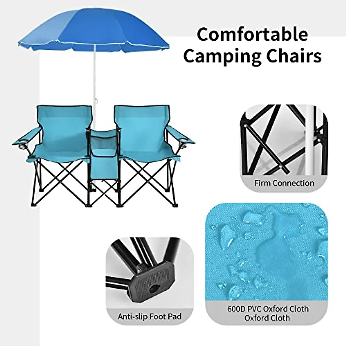 ARLIME Double Folding Beach Chairs, Outdoor Picnic Portable Loveseat Chairs with Removable Umbrella & Mini Table Carrying Bag, Camping Chair for Patio, Pool, Park (Turquoise)