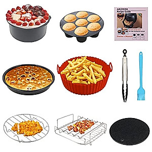 8 Inch Air Fryer Accessories, XL Set of 10 For Gowise USA Phillips Ninjia Cosori Cozyna 4.2QT 5.3QT 5.5QT 5.8QT Deep Air Fryer, With Recipes Cookbook and Reusable Silicone Pot, for Oven Microwave