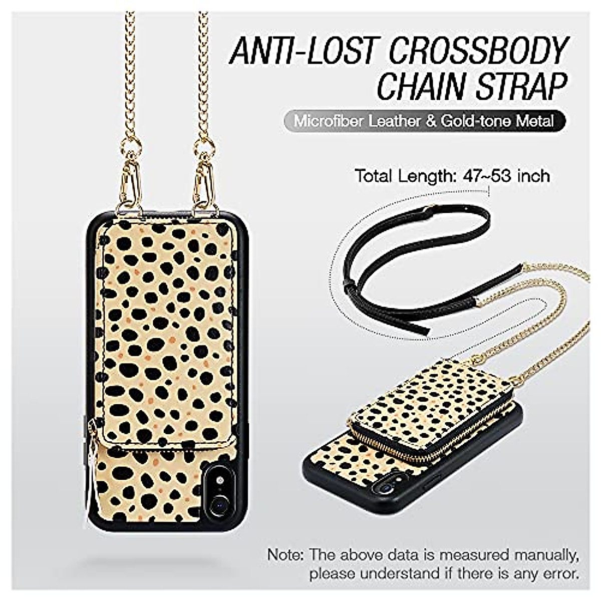 iPhone XR Crossbody Case, iPhone XR Wallet Case, ZVEdeng Zipper Wallet Card Holder Case Crossbody Chain Wrist Strap for Women Leather Purse Shockproof Case for iPhone XR 6.1'' Cheetah Print Skin