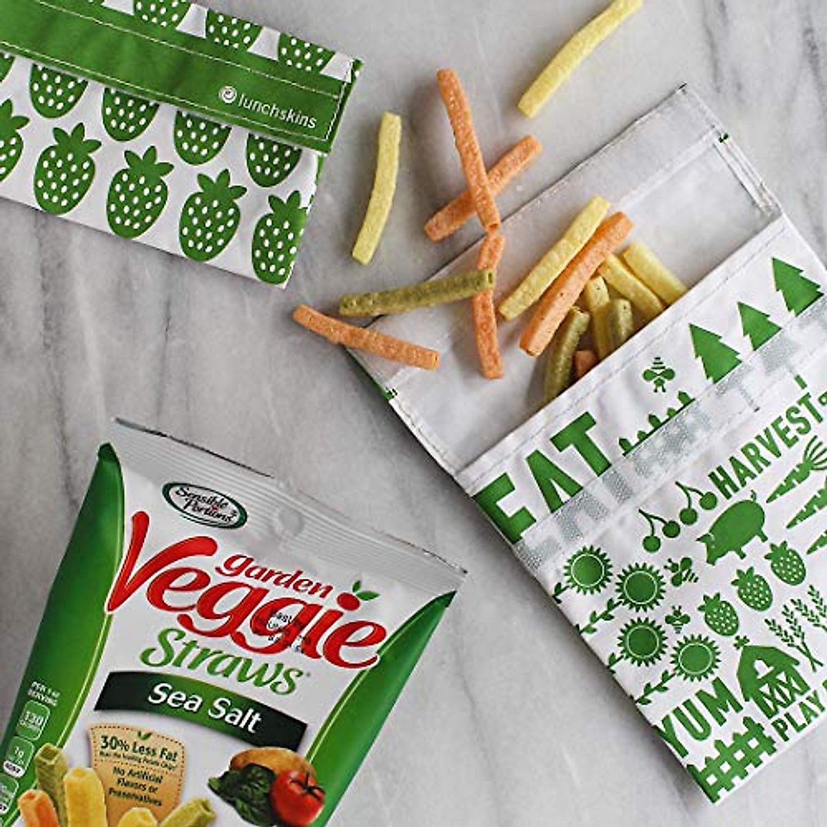 Lunchskins Reusable 2 Piece Food Storage Bag Set, 1 Sandwich Bag + 1 Snack Bag, Green Farm