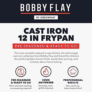 GreenPan x Bobby Flay 12” Cast Iron Pre-Seasoned Skillet with Helper Handle, Professional Grade Heavy Duty, Induction Suitable, Versatile Stovetop, Oven, BBQ, Fire & Grill, Indoor/Outdoor Use, Black