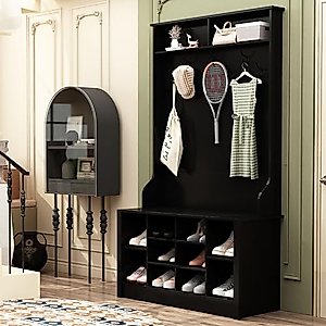 Homsee Modern Hall Tree with Storage Bench, 4-in-1 Entryway Bench with Coat Rack, Tall Hall Tree with 7 Metal Hooks, Shelves & 10 Cubes for Hallway, Living Room, Black (39.4”L x 15.7”W x 68.5”H)