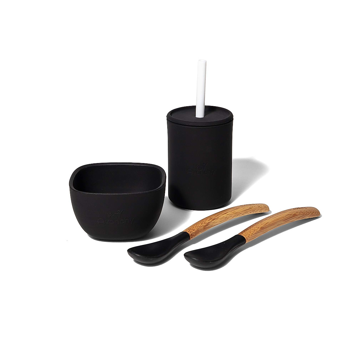 Avanchy Silicone La Petite Essential Collections Gift Set Black - Includes Mini Silicone Bowl, Silicone Cup, and Bamboo Baby and Infant Spoons - Baby Food Set - Baby Shower Gifts