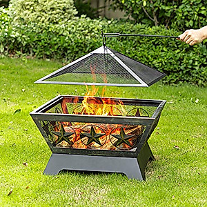 AMAGABELI GARDEN & HOME Fire Pit Outdoor Wood Burning 24in with Fireplace Poker Spark Screen Retardant Mesh Lid Rustproof Bronze