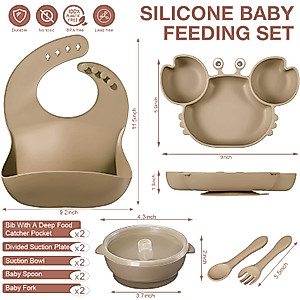 10 Pcs Baby Led Weaning Supplies, Silicone Baby Feeding Set with Divided Plate Adjustable Bib Suction Bowl Soft Spoon Fork, Toddler Self Eating Utensil Set (Khaki, Dark Gray)
