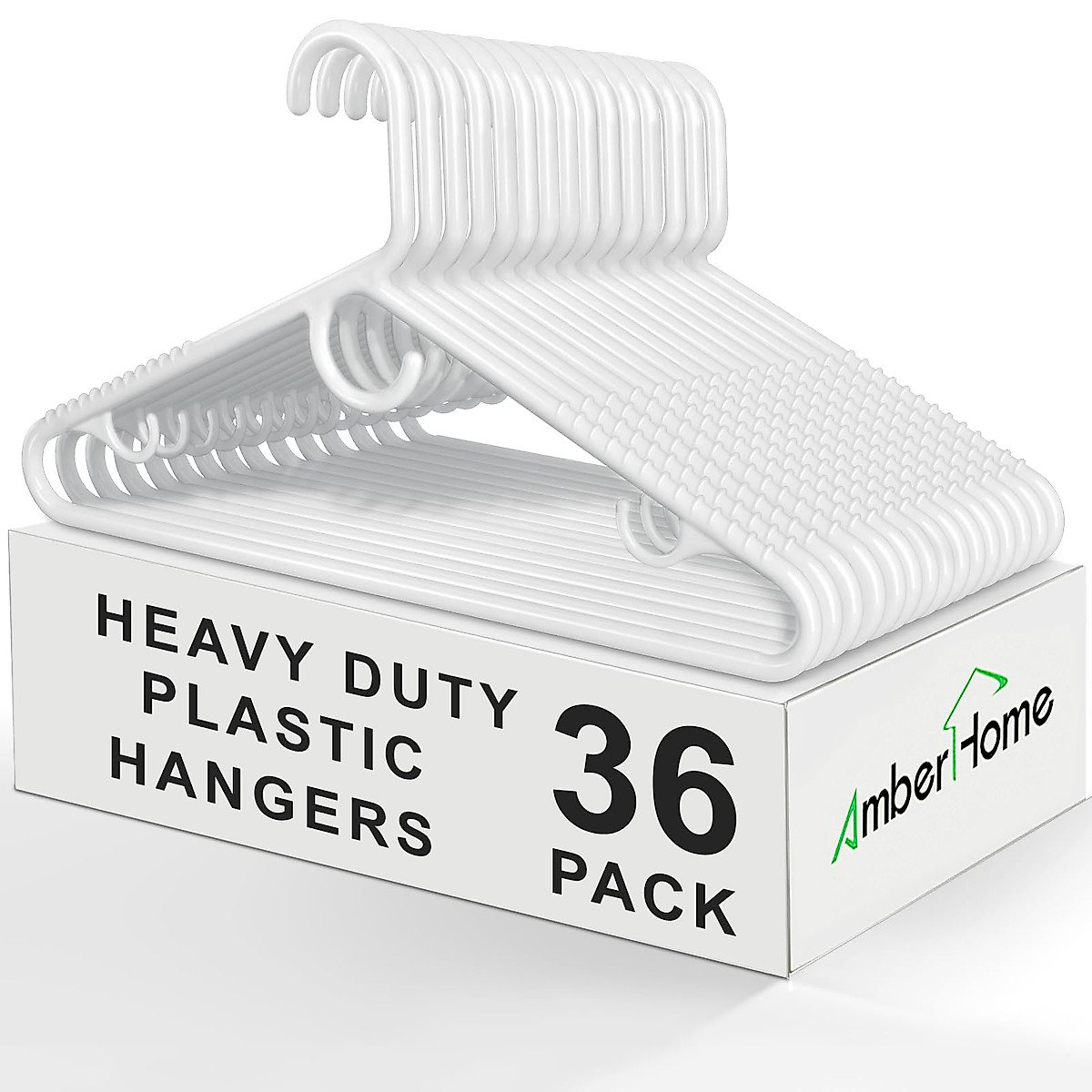 Amber Home 36 Pack Super Heavy Duty Plastic Hangers, White Plastic Hangers Non-Slip for Coat Jacket and Shirt, Non-Slip Pants Bar, Thick Strong Plastic Clothes Hangers with Hook for Scarves and Belts