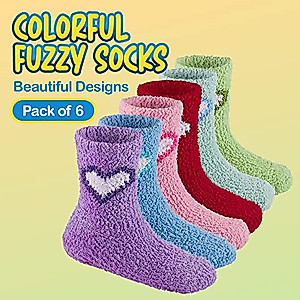 Debra Weitzner 6 Pairs Warm Fuzzy Socks for Kids with Grippers - Non Skid Slipper Socks for Toddlers - Solid Hearts 4-6 Yr