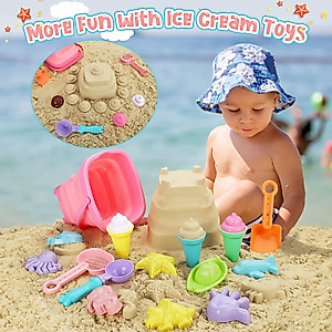 REZUCREY Beach Toys, Ice Cream Sand Toys for Toddlers, with Collapsible Bucket and Shovels for Kids with Bag, Travel Toys for Boys Baby Girls Age 3 4 5 6 7 8+