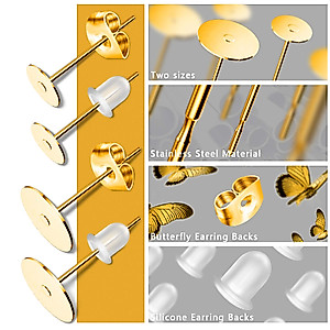 Gold Earring Posts and Backs, 500Pcs Hypoallergenic Earring Studs for Jewelry Making with Butterfly Earring Backs and Rubber Bullet Earring Backs (4mm, 6mm)