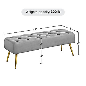 Yaheetech Modern Ottoman Bench Velvet Bench Upholstered Footrest with Gold Metal Legs and Padded Seat Gray