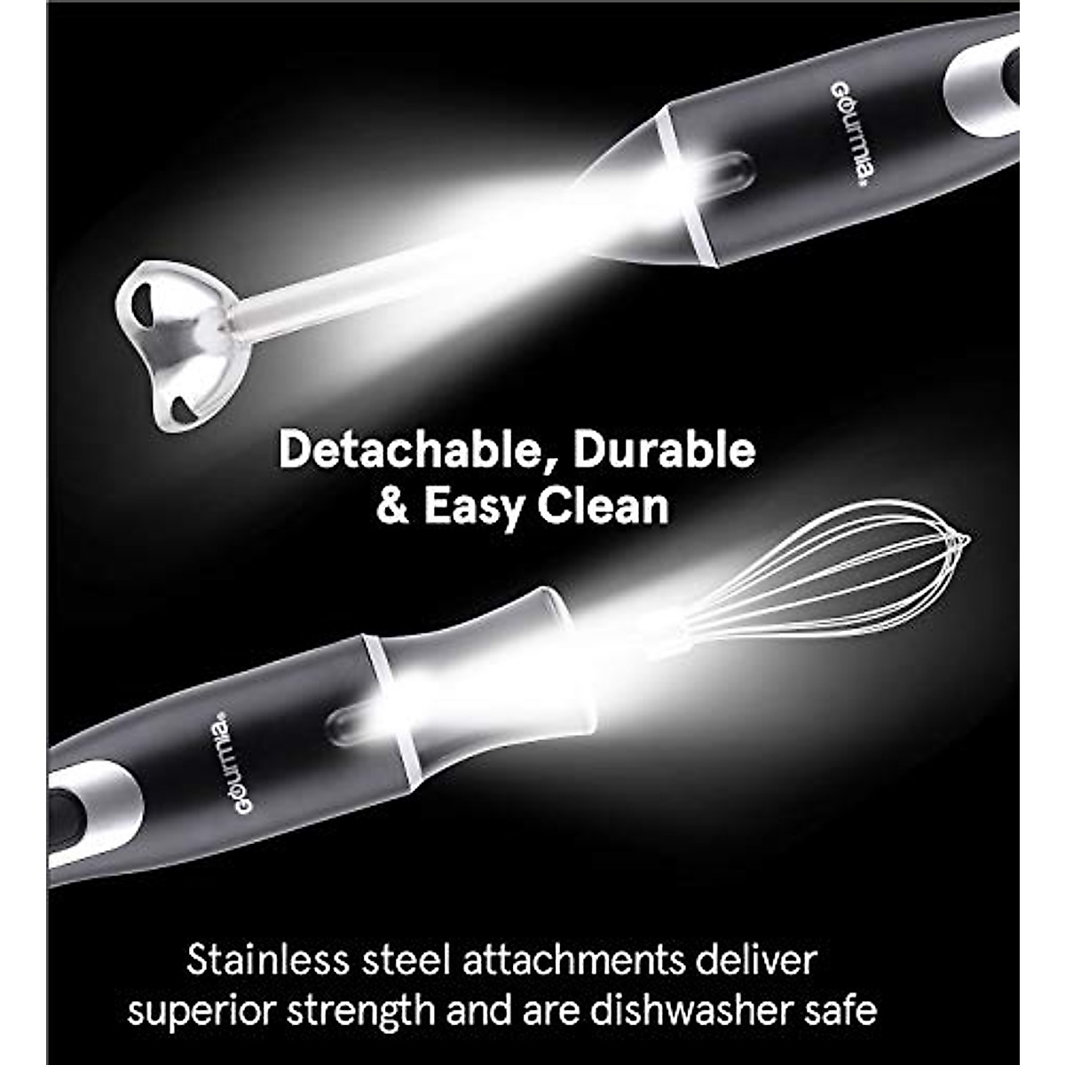 Gourmia GHB2360 12 Speed Illuminating Immersion Hand Blender with Turbo Mode - Comfortable Ergonomic Handle - Whisk Attachment Included - Integrated LED Spotlight - 300 Watt Motor - Black