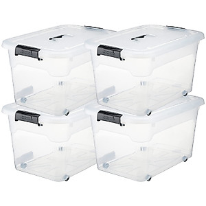 Sadnyy 4 Pack Clear Plastic Storage Latch Box Stackable Plastic Storage Bins with Latching Lids and Wheels Clear Large Storage Boxes Organizing Container for Home Garage Closet Classroom (44 Quart)