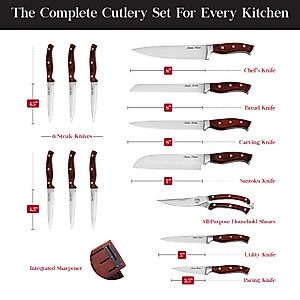 Master Maison Walnut Kitchen Knife Set With Wood Knife Block & Bonus Cleaver | German Stainless Steel Knives With Knife Sharpener & 6 Steak Knives | Professional Butcher Block Knife Sets For Kitchen