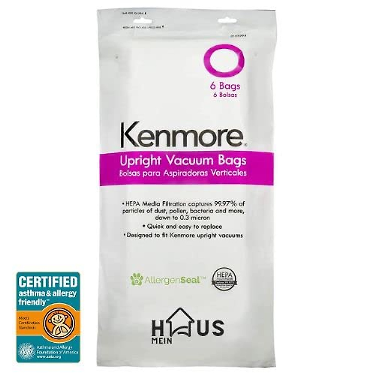 Kenmore 53294 Style O HEPA Cloth Vacuum Bags for Kenmore Upright Vacuum Cleaners 6 Pack, White + MEIN HAUS fast re-order card