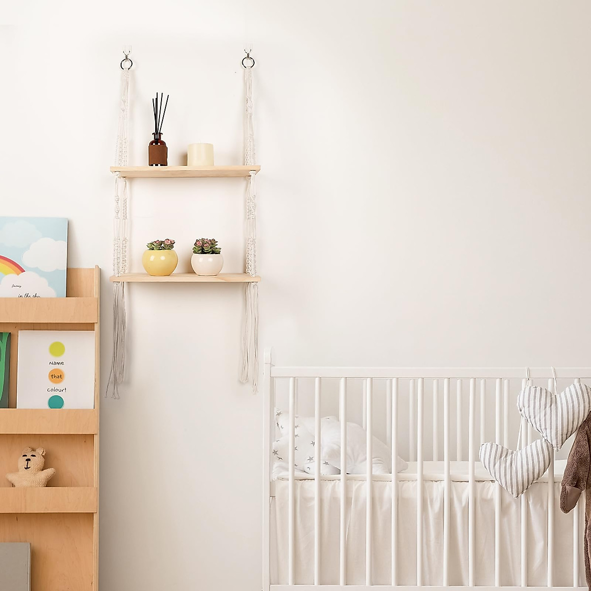 SNUGBLAKI Hanging Shelves for Wall Floating Shelves,Boho Macrame Hanging Shelves with Swing Rope,Farmhouse Rustic Wood Hanging Shelves,Rope Wall Display Shelves for Bedroom,Living Room, Bathroom