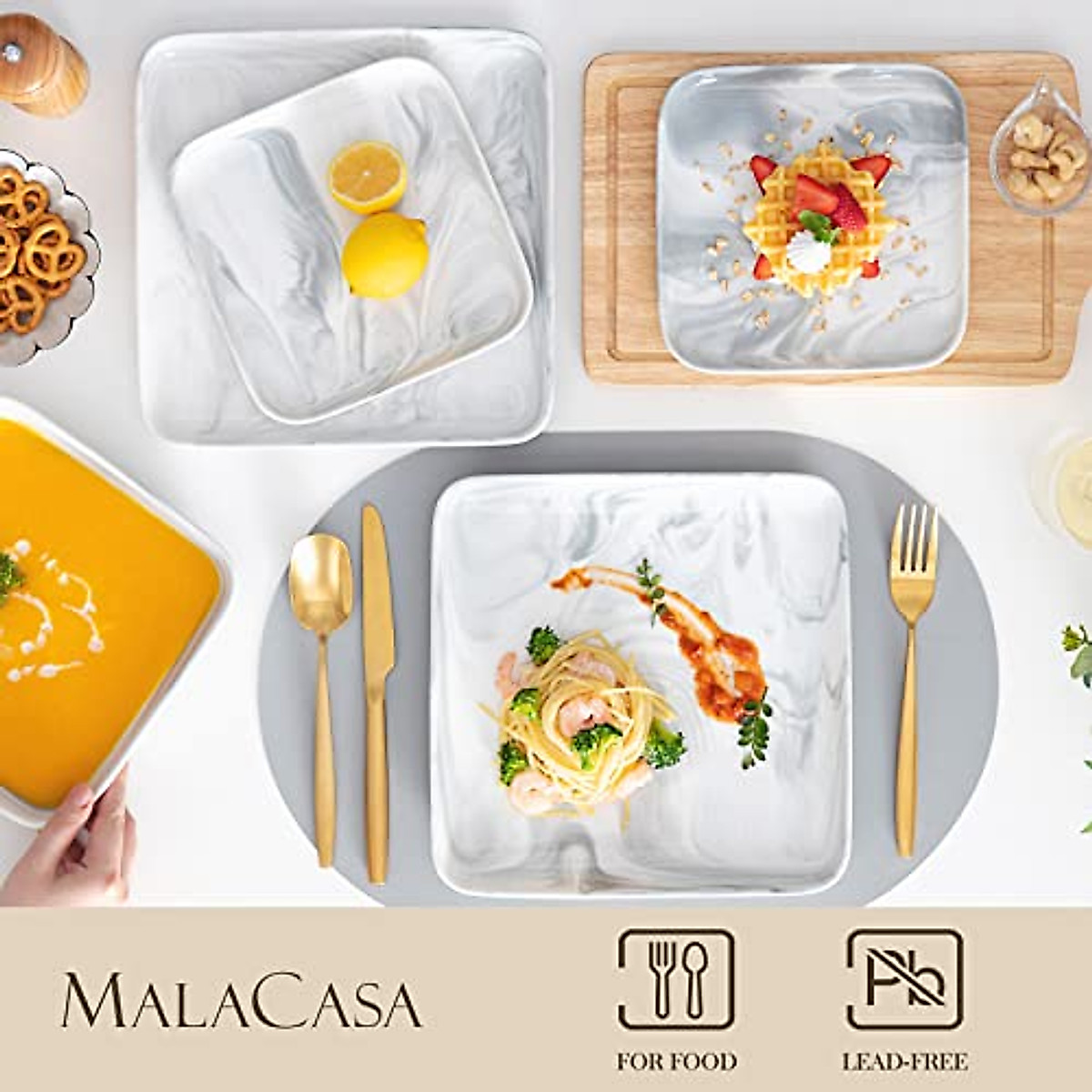 MALACASA Plates and Bowls Sets, 16 Piece Porcelain Square Dinnerware Sets for 4, Marble Dish Set with Dinner Plates, Dessert Plates, Soup Plates and Bowls, Modern Dishes Dinnerware Set, Series IVY