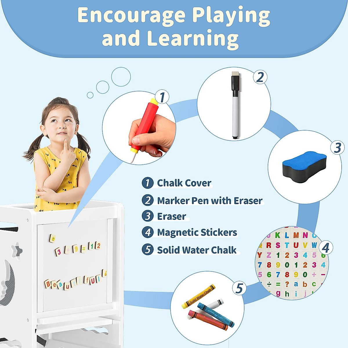 TOETOL Bamboo Toddler Kitchen Stool for Kids Step Stool - White Little Helper Tower Adjustable Height with Learning Black & White Activity Board1