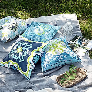 Phantoscope Set of 4 Outdoor Waterproof Throw Pillow Covers,Geometric, Decorative Boho Farmhouse Outdoor Pillows Cushion Case for Home Patio Furnitures Tent Sunbrella, Blue and Green 18x18 Inches