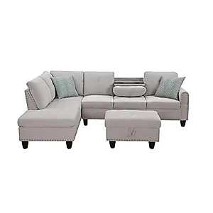 Devion Furniture Polyester Fabric Sectional Sofa with Lift-top Storage Ottoman, Tufted Design, in Light Gray Finish