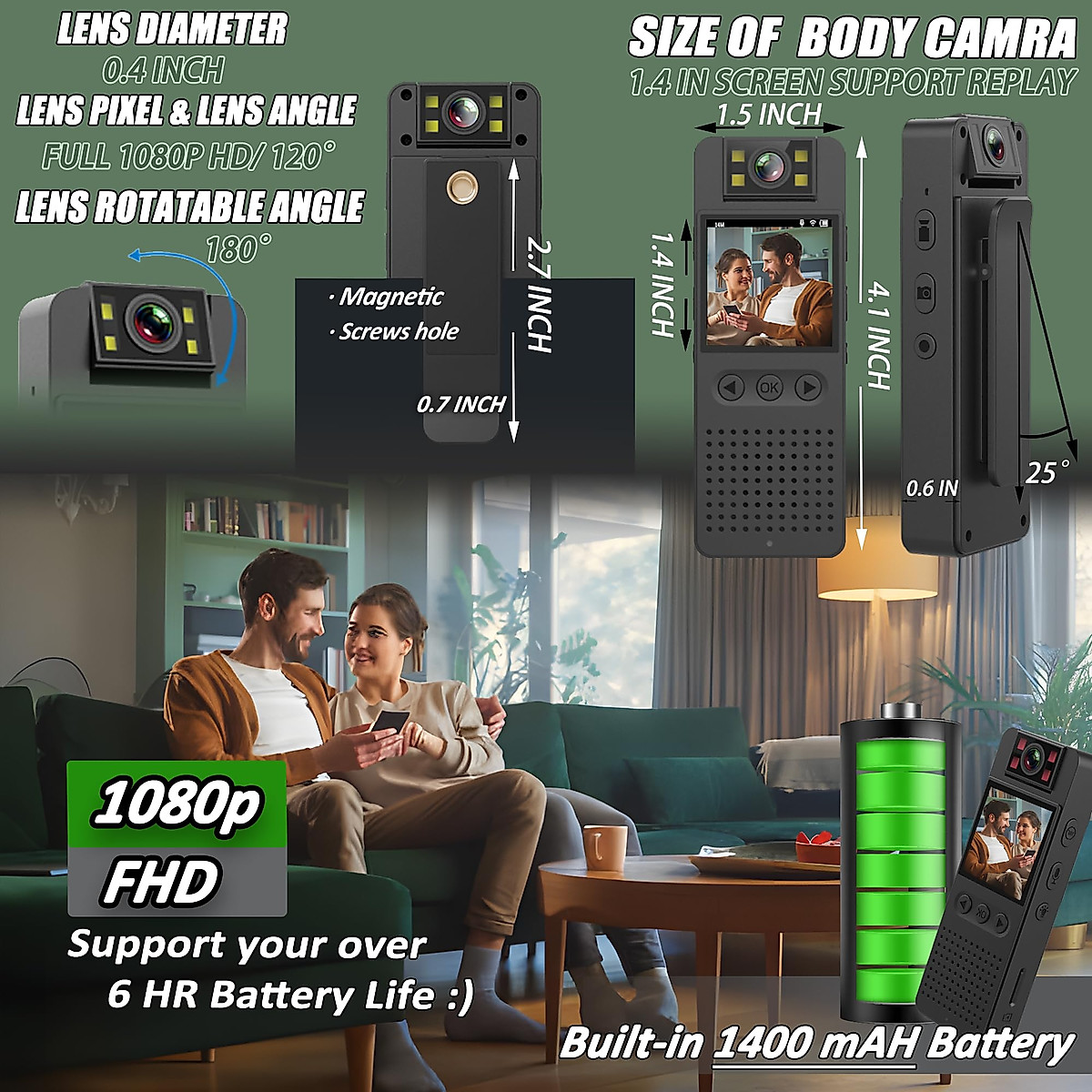 Body Camera with 1080P HD Recording 1.4 in Screen Recorder With 64GB Card, Flashlight Mode, Loop Record, 6HR Battery Life Wearable Cameras Police Cop Cam for Outdoor, Law Enforcement, Guard, Travel