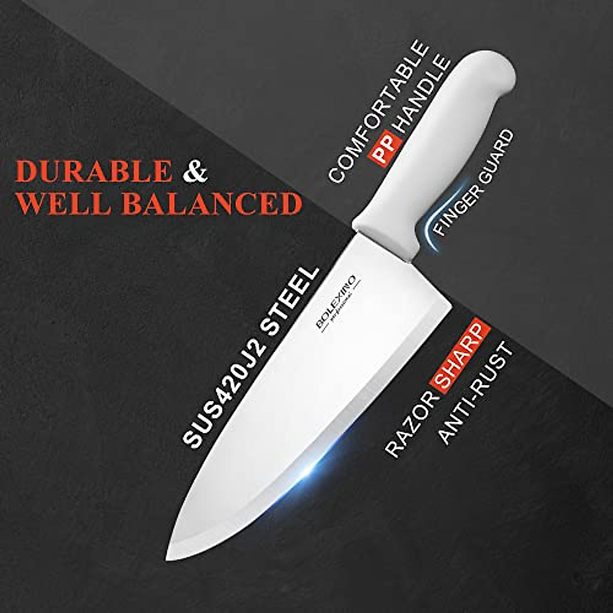 BOLEXINO 8 inch Japanese High Carbon Stainless Steel Chef Knife, Professional Extra Sharp Wide Cook Knife with Non-slip Ergonomic Handle, for Kitchen Home Restaurant