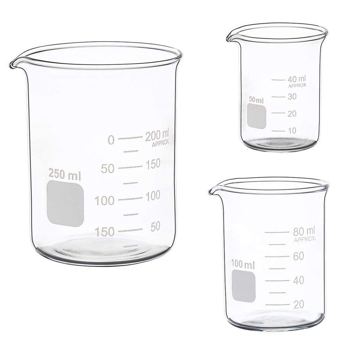 Glass Measuring Low Form Beaker Set 50ml 100ml 250ml and Thick Glass Graduated Measuring Cylinder Set 5ml 10ml 50ml 100ml