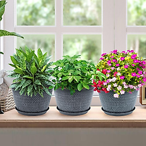 Quarut 10 Inch Flower Pots Planters for Outdoor Indoor, 3 Pack Plastic Plant Pots with Drainage Hole & Tray, Modern Decorative Garden Pot with Saucer, planters for House (Gray)