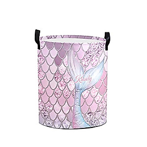 Mermaid Glitter Scales Personalized Laundry Basket Clothes Hamper Storage Handle Waterproof, Custom Laundry Round Collapsible Capacity for Bedroom Bathroom Toy Decoration