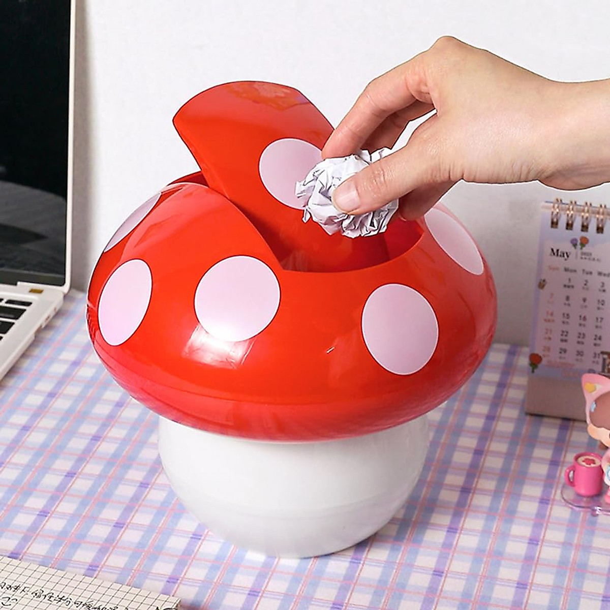 MAGICLULU Mushroom Mini Trash Can with Lid, Tiny Desktop Garbage Bin Plastic Mini Wastebasket Trash Can Cute Wastepaper Basket for Bathroom Vanity Tabletop Mushroom Decor