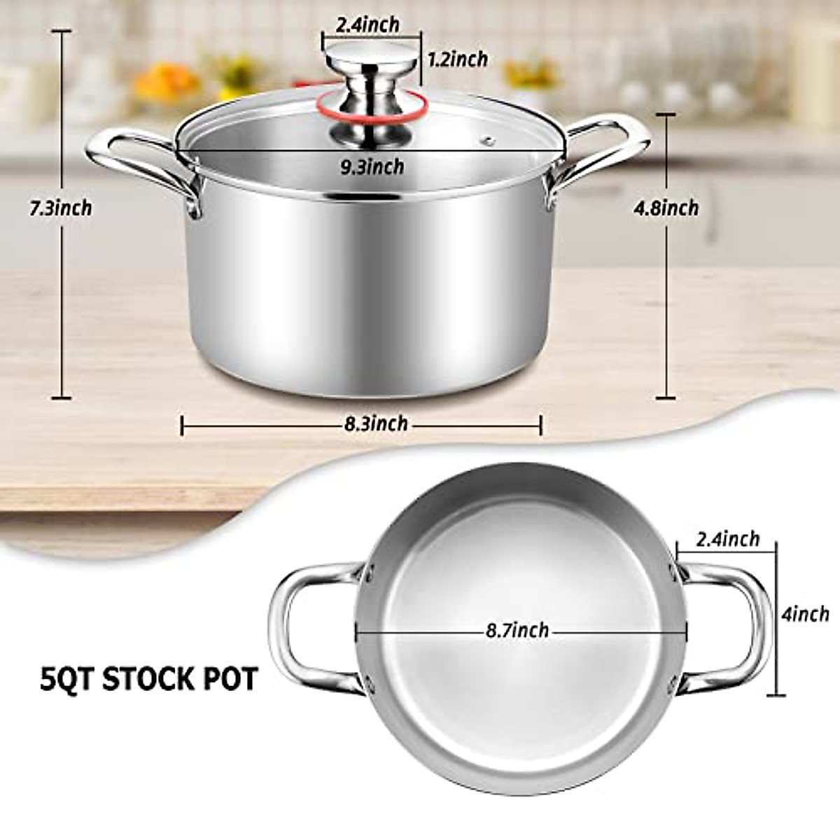 TeamFar 5 Quart Stock Pot, Stainless Steel Tri-Ply Cooking Pasta Soup Pot with See-Through Lid for Induction/Electric/Gas/Ceramic, Healthy & Heavy Duty, Ergonomic Handle & Dishwasher Safe