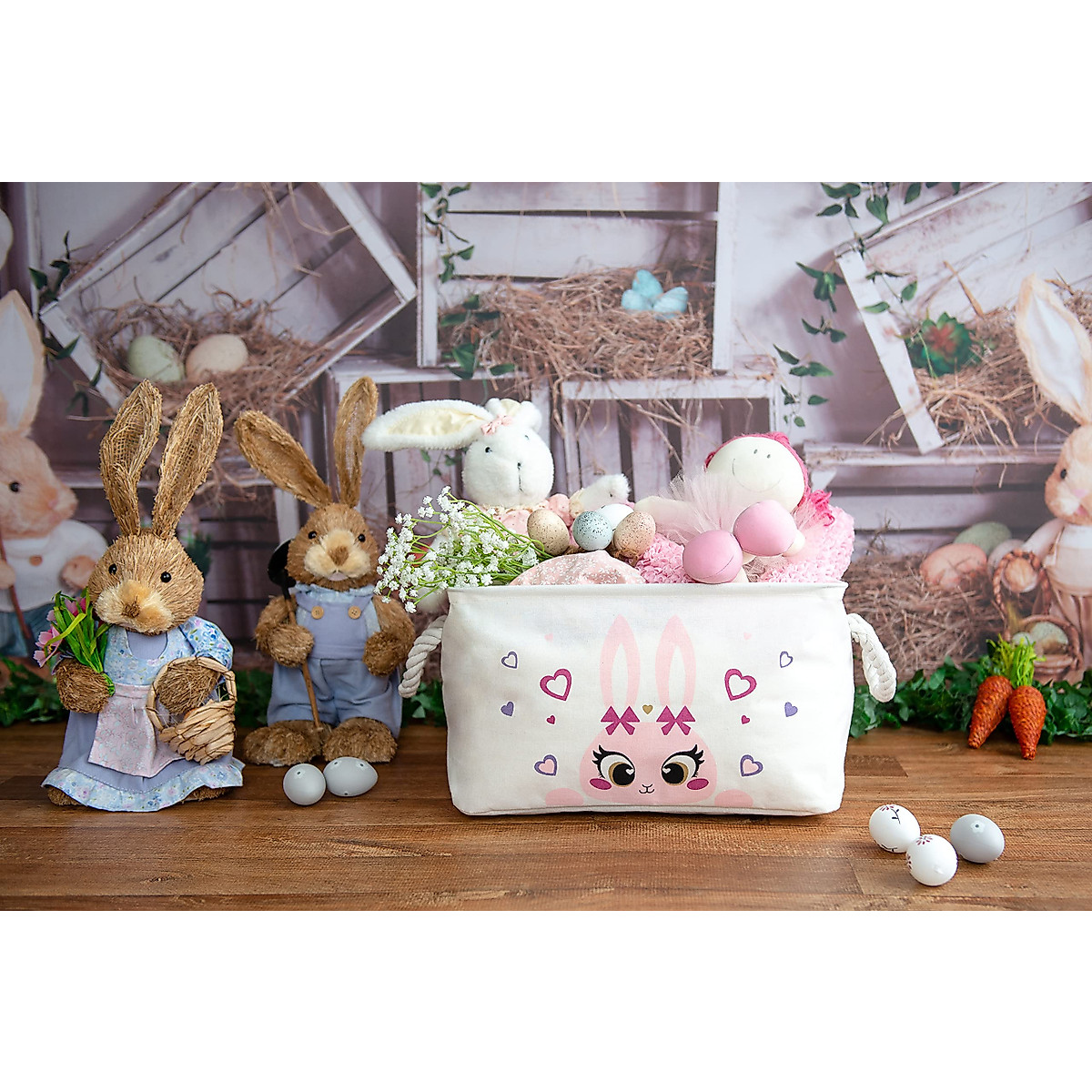 Kazulo Pink Bunny Easter Basket For kids, Rectangle Rabbit Basket, Easter Basket for Girls, Egg Hunt Bag For Boys and Girls,, Kids Easter Basket, Bunny Basket (Pink Bunny)