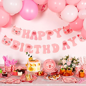 Lenwen Pig Birthday Decorations Pig Party Favors Include Pig Tableware Set Pig Farm Animal Birthday Banner Piggy Latex Balloons Pigs Themed Dinnerware Pink Pig Table Cloths for Kitchen Home Kids