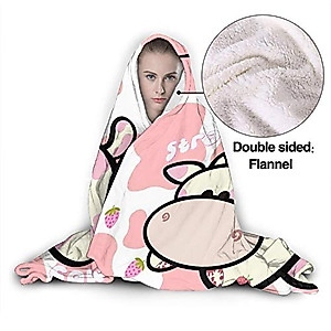 Strawberry Milk Cow Hooded Blanket Ultra Soft Wearable Throw Blanket Coral Fleece Blanket Hoodie Cloak for Sofa Lounge Bed Napping Large 80x60In （Queen） Adults