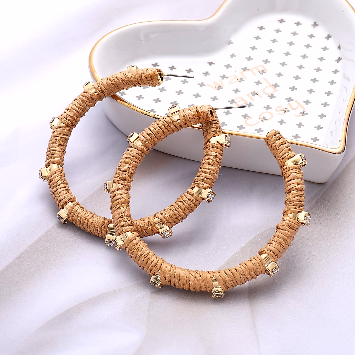 Rattan Earrings for Women Boho Statement Rhinestone Rattan Big Hoop Earrings Handmade Raffia Woven Straw Wicker Earrings Summer Beach Jewelry Gifts(Brown）
