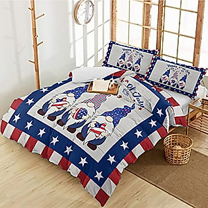 3 Pieces California King Bedding Duvet Cover Sets,Independence Day Patriotic Gnome Ultra Soft Bed Set with 2 Pillow Shams for Bedroom Star and Red White Stripe,Luxury Quilt Covers for All Season