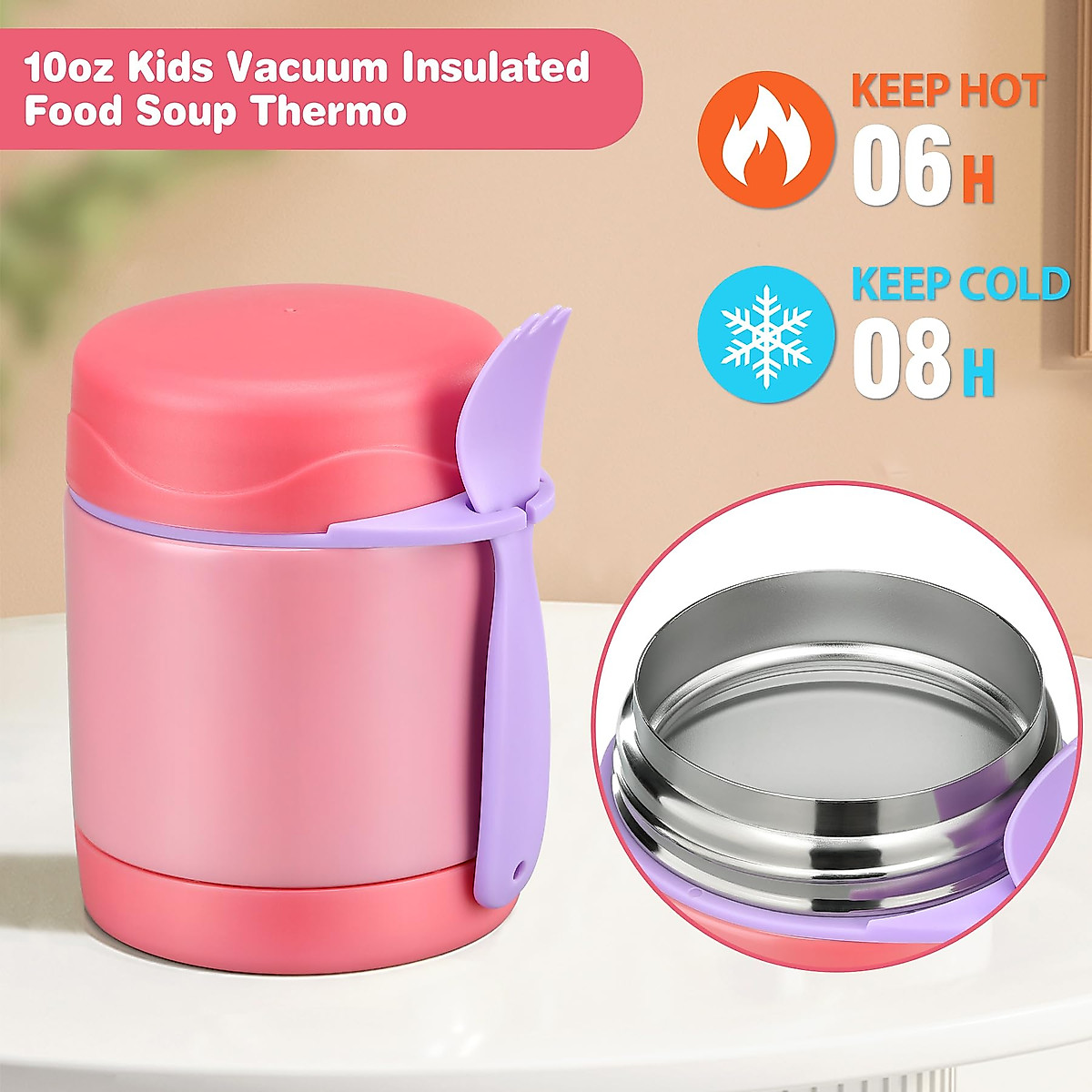 Pawtong 10oz Insulated Food Jar, Thermo for Hot Food Lunch Container, Stainless Steel Lunch Box for Kids with Spoon (Pink)