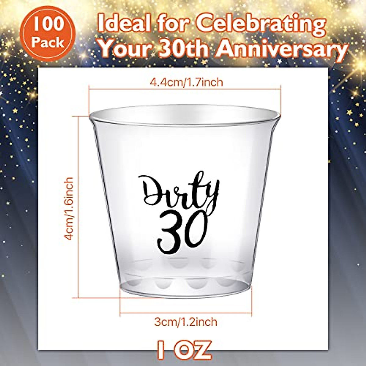Aemygo 1 Oz Dirty 30 Shot Glasses, 100Pcs Disposable Hard Plastic Shot Cups, Dirty Thirty Birthday Party Favors Anniversary Wedding Decorations for Her and Him, Great for Whiskey