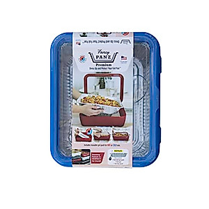 Fancy Panz Premium Dress Up & Protect Your Foil Pan, Made in USA. Hot/Cold Gel Pack, One Half Sized Foil Pan & Serving Spoon Included. Stackable for easy travel. (Denim Blue)