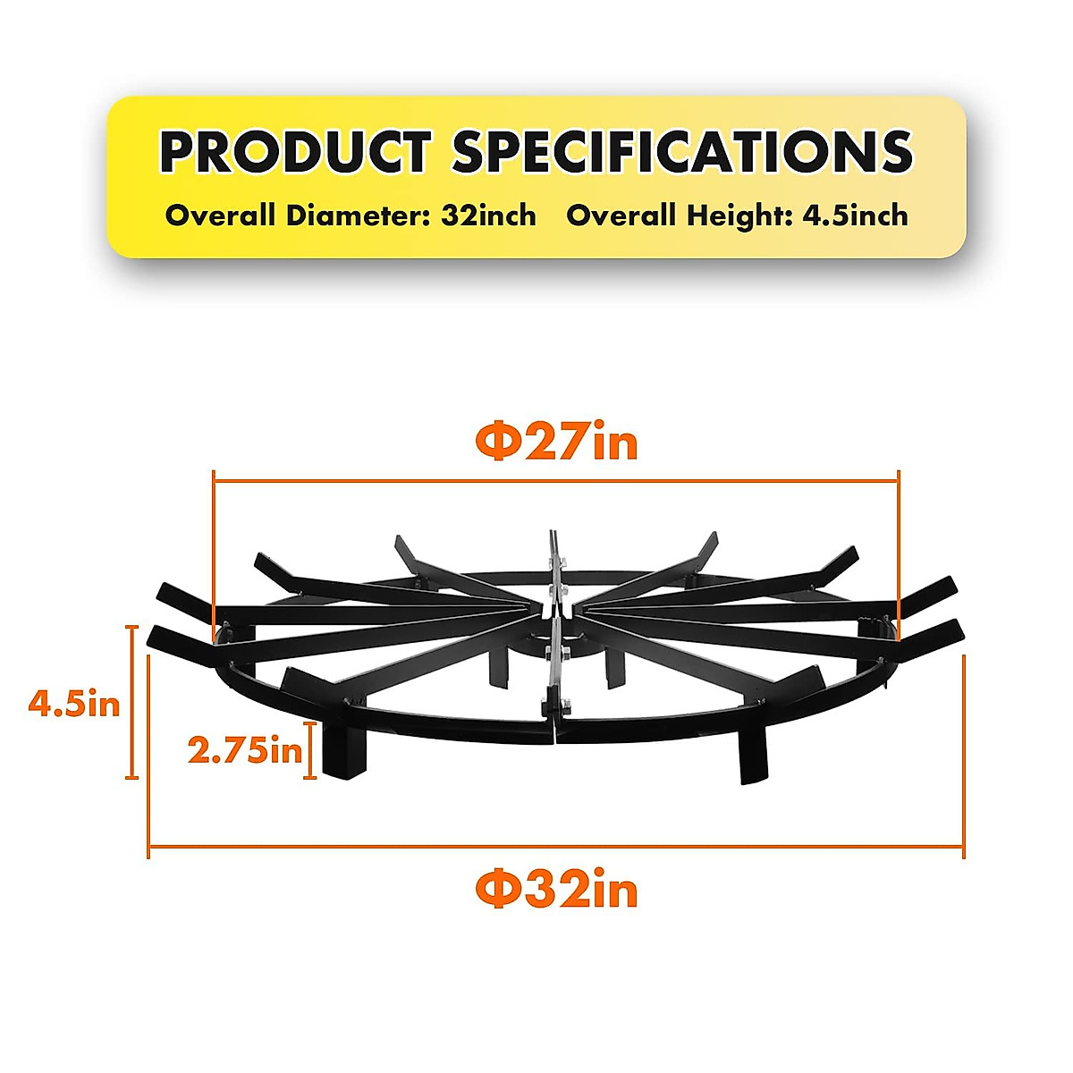 Round Fire Pit Grate 32 x 32 x 4.5 Inches, Heavy Duty Wagon Wheel Firewood Fireplace Grate, 6 + 2 Legs Spider Fire Pit Grill Grates, Fire Logs Stove Burning Rack for Inside Outdoor Campfire Bar