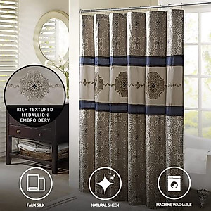 Madison Park Donovan Shower Curtain, Embroidered Jacquard Weave Design, Traditional Bathroom Décor, Machine Washable, Fabric Privacy Screen, 72x72, Navy
