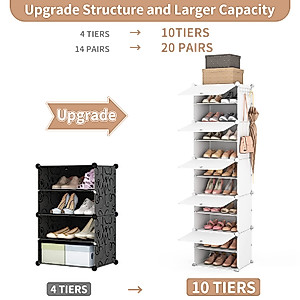 ROJASOP Closet Tall Shoe Rack Organizer, 10 Tiers Narrow White Shoes Storage Cabinet 20 Pairs Portable for Bedroom Small Space Stacked Shoe Rack for Entryway